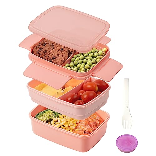 Freshmage Stackable Bento Box Adult Lunch Box with 5 Compartments, Premium All-in-One Leak-Proof Bento Lunch Box With Spoon, 1 oz Dressing Container for Work, Camping, Picnic (Pink)