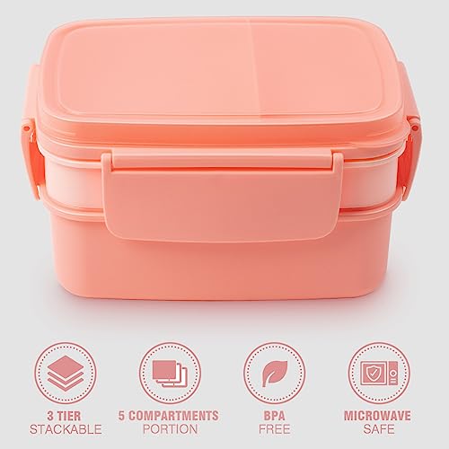 Freshmage Stackable Bento Box Adult Lunch Box with 5 Compartments, Premium All-in-One Leak-Proof Bento Lunch Box With Spoon, 1 oz Dressing Container for Work, Camping, Picnic (Pink)