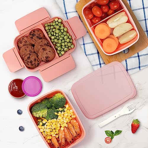 Freshmage Stackable Bento Box Adult Lunch Box with 5 Compartments, Premium All-in-One Leak-Proof Bento Lunch Box With Spoon, 1 oz Dressing Container for Work, Camping, Picnic (Pink)