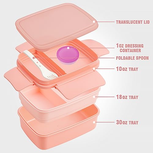 Freshmage Stackable Bento Box Adult Lunch Box with 5 Compartments, Premium All-in-One Leak-Proof Bento Lunch Box With Spoon, 1 oz Dressing Container for Work, Camping, Picnic (Pink)