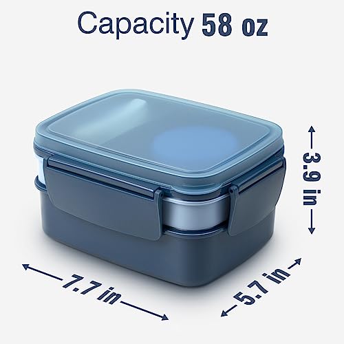 Freshmage Stackable Bento Box Adult Lunch Box with 5 Compartments, Premium All-in-One Leak-Proof Bento Lunch Box With Spoon, 1 oz Dressing Container for Work, Camping, Picnic (Blue)