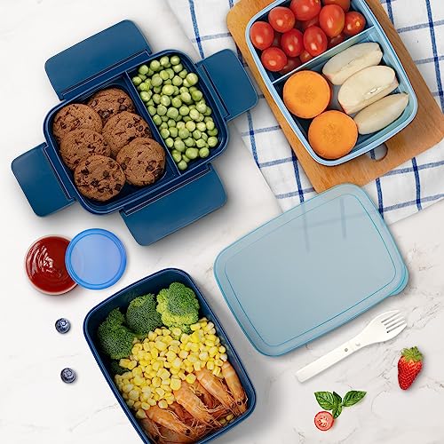 Freshmage Stackable Bento Box Adult Lunch Box with 5 Compartments, Premium All-in-One Leak-Proof Bento Lunch Box With Spoon, 1 oz Dressing Container for Work, Camping, Picnic (Blue)