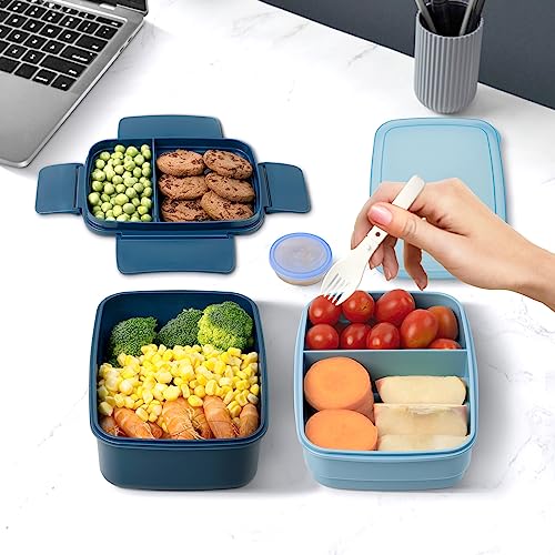 Freshmage Stackable Bento Box Adult Lunch Box with 5 Compartments, Premium All-in-One Leak-Proof Bento Lunch Box With Spoon, 1 oz Dressing Container for Work, Camping, Picnic (Blue)