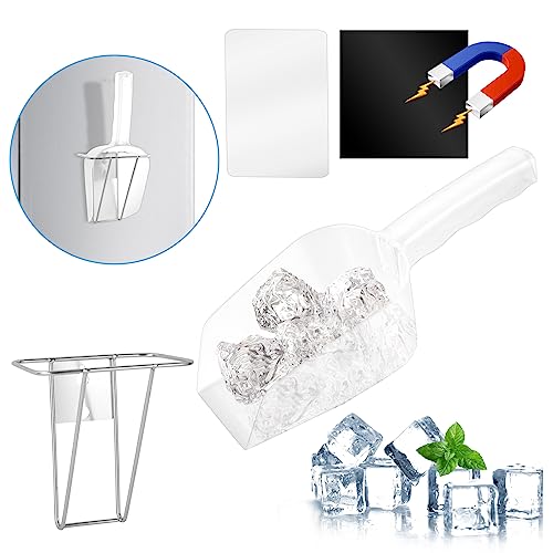 4 Pieces Magnetic Ice Scoop Holder for Side of Fridge Ice Maker Scoop Holder Metal 24 OZ Ice Scoop Clear Plastic Ice Scoop for Ice Machine with Holder for Party Wedding Ice Bucket