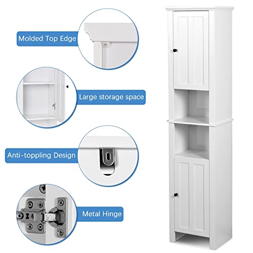 Unovivy Tall Bathroom Storage Cabinet Floor Standing Freestanding Linen Tower with 2 Doors & 6 Shelves, 15.7X 11.8X 66.9 Inches, for Living Room, Kitchen, White