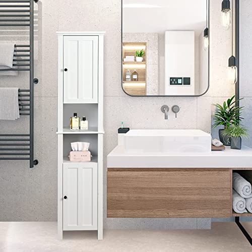 Unovivy Tall Bathroom Storage Cabinet Floor Standing Freestanding Linen Tower with 2 Doors & 6 Shelves, 15.7X 11.8X 66.9 Inches, for Living Room, Kitchen, White