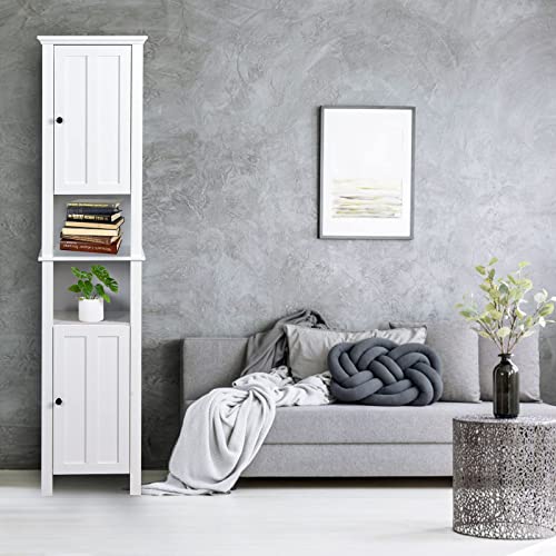 Unovivy Tall Bathroom Storage Cabinet Floor Standing Freestanding Linen Tower with 2 Doors & 6 Shelves, 15.7X 11.8X 66.9 Inches, for Living Room, Kitchen, White