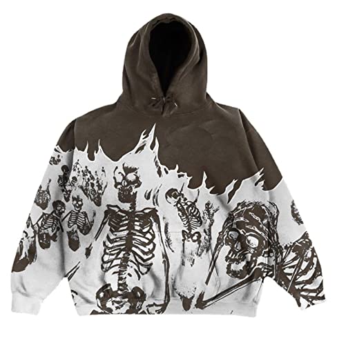 Easyoyo Skeleton Hoodie for Men Women, Gothic Y2K E-Girl Oversize Block Color Hooded Sweatshirt