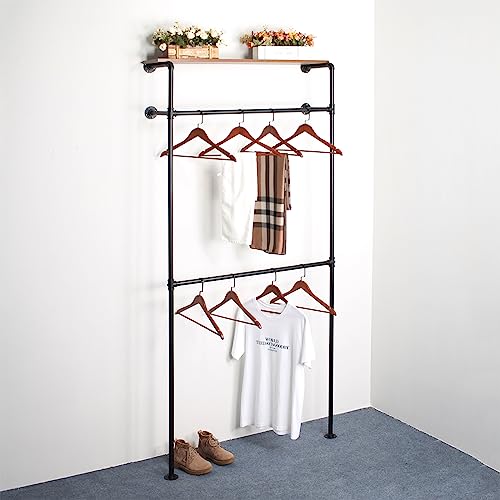 OUBITO Industrial Pipe Clothing Rack,Commercial Grade Pipe Clothes Racks,Heavy Duty Wall Mounted Closet Storage Rack,Hanging Clothes Retail Display Rack Garment rack,Black 1 Board With Crossbar