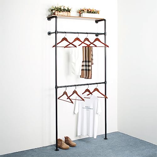 OUBITO Industrial Pipe Clothing Rack,Commercial Grade Pipe Clothes Racks,Heavy Duty Wall Mounted Closet Storage Rack,Hanging Clothes Retail Display Rack Garment rack,Black 1 Board With Crossbar