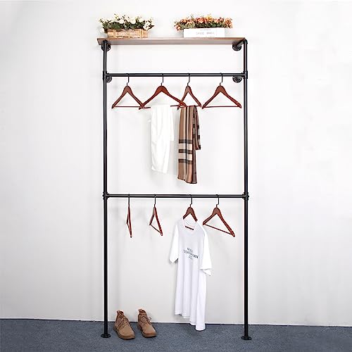 OUBITO Industrial Pipe Clothing Rack,Commercial Grade Pipe Clothes Racks,Heavy Duty Wall Mounted Closet Storage Rack,Hanging Clothes Retail Display Rack Garment rack,Black 1 Board With Crossbar