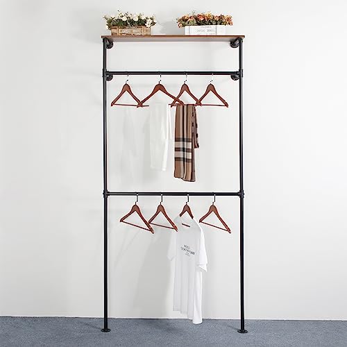 OUBITO Industrial Pipe Clothing Rack,Commercial Grade Pipe Clothes Racks,Heavy Duty Wall Mounted Closet Storage Rack,Hanging Clothes Retail Display Rack Garment rack,Black 1 Board With Crossbar