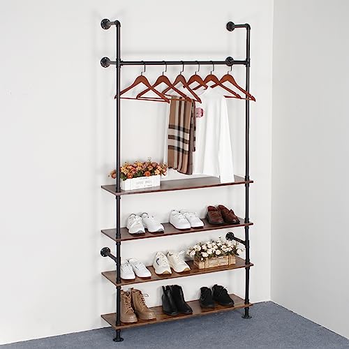 OUBITO Industrial Pipe Clothing Rack,Commercial Grade Pipe Clothes Racks,Heavy Duty Wall Mounted Closet Storage Rack,Hanging Clothes Retail Display Rack Garment rack,Black 4 Board