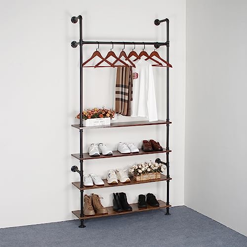 OUBITO Industrial Pipe Clothing Rack,Commercial Grade Pipe Clothes Racks,Heavy Duty Wall Mounted Closet Storage Rack,Hanging Clothes Retail Display Rack Garment rack,Black 4 Board