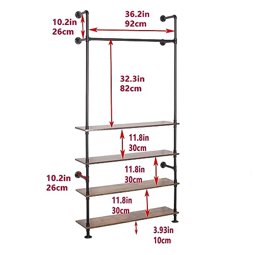 OUBITO Industrial Pipe Clothing Rack,Commercial Grade Pipe Clothes Racks,Heavy Duty Wall Mounted Closet Storage Rack,Hanging Clothes Retail Display Rack Garment rack,Black 4 Board