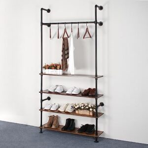 OUBITO Industrial Pipe Clothing Rack,Commercial Grade Pipe Clothes Racks,Heavy Duty Wall Mounted Closet Storage Rack,Hanging Clothes Retail Display Rack Garment rack,Black 4 Board