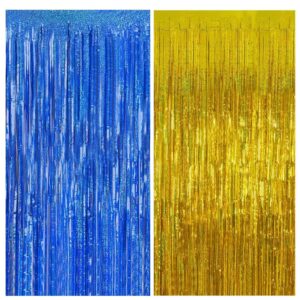 moranti 3.28 ft x 6.56 ft sparkle metallic tinsel foil fringe curtains for party photo backdrop graduation anniversary party decorations (shiny blue gold，2 pieces)