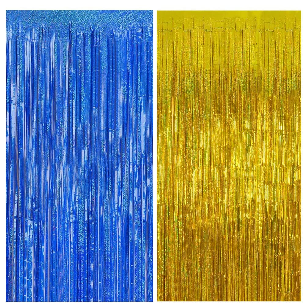 MORANTI 3.28 ft x 6.56 ft Sparkle Metallic Tinsel Foil Fringe Curtains for Party Photo Backdrop Graduation Anniversary Party Decorations (Shiny Blue Gold，2 Pieces)