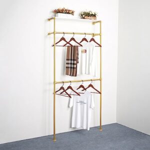 OUBITO Industrial Pipe Clothing Rack,Commercial Grade Pipe Clothes Racks,Heavy Duty Wall Mounted Closet Storage Rack,Hanging Clothes Retail Display Rack Garment rack,Gold 1 Board With Crossbar