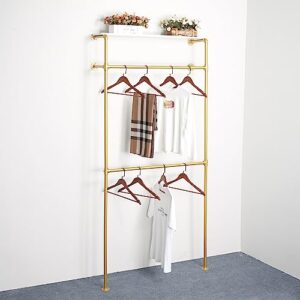 OUBITO Industrial Pipe Clothing Rack,Commercial Grade Pipe Clothes Racks,Heavy Duty Wall Mounted Closet Storage Rack,Hanging Clothes Retail Display Rack Garment rack,Gold 1 Board With Crossbar