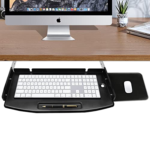 Desk Keyboard Tray with 360 Rotating Mouse Platform, 28"L X 10"W Keyboard Tray Under Desk, Steel Keyboard Shelf Sliding, Under Desk Mounted Keyboard Holder, Keyboard Drawer Under Desk Slide