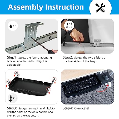 Desk Keyboard Tray with 360 Rotating Mouse Platform, 28"L X 10"W Keyboard Tray Under Desk, Steel Keyboard Shelf Sliding, Under Desk Mounted Keyboard Holder, Keyboard Drawer Under Desk Slide