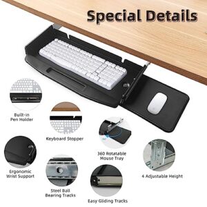 Desk Keyboard Tray with 360 Rotating Mouse Platform, 28"L X 10"W Keyboard Tray Under Desk, Steel Keyboard Shelf Sliding, Under Desk Mounted Keyboard Holder, Keyboard Drawer Under Desk Slide