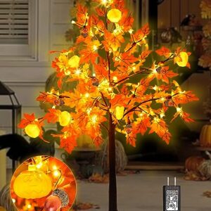 4 Ft Lighted Prelit Maple Tree Fall Decor 42 Warm White LEDs with 6 Pumpkin Lights Timer 8 Modes Remote Control Home Indoor Outdoor Autumn Thanksgiving Decorations Artificial Tree Harvest Halloween