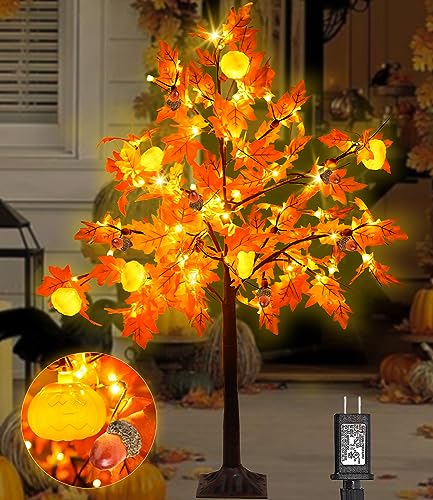 4 Ft Lighted Prelit Maple Tree Fall Decor 42 Warm White LEDs with 6 Pumpkin Lights Timer 8 Modes Remote Control Home Indoor Outdoor Autumn Thanksgiving Decorations Artificial Tree Harvest Halloween