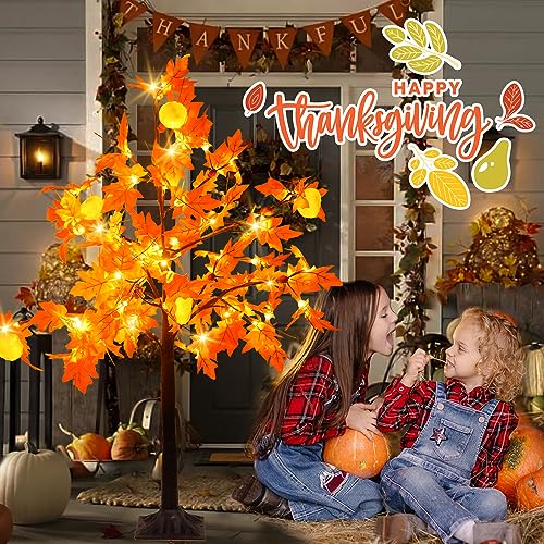 4 Ft Lighted Prelit Maple Tree Fall Decor 42 Warm White LEDs with 6 Pumpkin Lights Timer 8 Modes Remote Control Home Indoor Outdoor Autumn Thanksgiving Decorations Artificial Tree Harvest Halloween