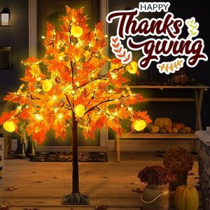 4 Ft Lighted Prelit Maple Tree Fall Decor 42 Warm White LEDs with 6 Pumpkin Lights Timer 8 Modes Remote Control Home Indoor Outdoor Autumn Thanksgiving Decorations Artificial Tree Harvest Halloween