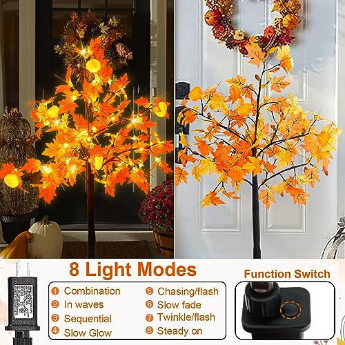 4 Ft Lighted Prelit Maple Tree Fall Decor 42 Warm White LEDs with 6 Pumpkin Lights Timer 8 Modes Remote Control Home Indoor Outdoor Autumn Thanksgiving Decorations Artificial Tree Harvest Halloween