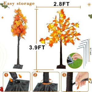 4 Ft Lighted Prelit Maple Tree Fall Decor 42 Warm White LEDs with 6 Pumpkin Lights Timer 8 Modes Remote Control Home Indoor Outdoor Autumn Thanksgiving Decorations Artificial Tree Harvest Halloween