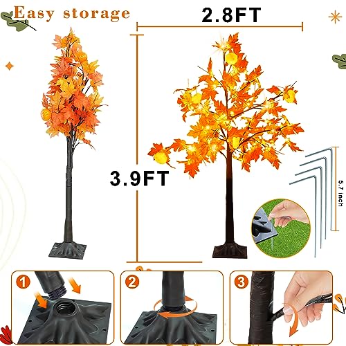 4 Ft Lighted Prelit Maple Tree Fall Decor 42 Warm White LEDs with 6 Pumpkin Lights Timer 8 Modes Remote Control Home Indoor Outdoor Autumn Thanksgiving Decorations Artificial Tree Harvest Halloween