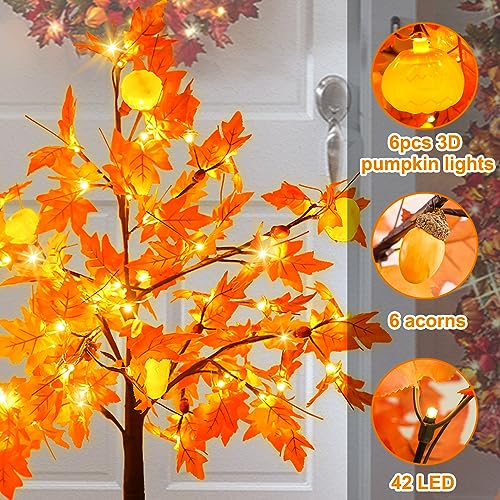 4 Ft Lighted Prelit Maple Tree Fall Decor 42 Warm White LEDs with 6 Pumpkin Lights Timer 8 Modes Remote Control Home Indoor Outdoor Autumn Thanksgiving Decorations Artificial Tree Harvest Halloween