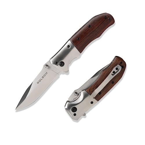 Rolsch - Wood handled Pocket Knife - Spring Assisted Folding Knife – Stainless Steel Blade and Rosewood Handle with Pocket Clip - Great Folding Knife for Hunting, Camping, Survival, Tactical, EDC