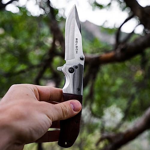 Rolsch - Wood handled Pocket Knife - Spring Assisted Folding Knife – Stainless Steel Blade and Rosewood Handle with Pocket Clip - Great Folding Knife for Hunting, Camping, Survival, Tactical, EDC