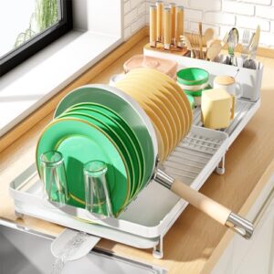 Dish Drying Rack, Auto-Drain Expandable(19.1"-26.9") Kitchen Counter Dish Drainers Rack, Stainless Steel Large Strainers Drying Rack with Drainboard Pan Holder Utensil Holder Caddy Organizer, White