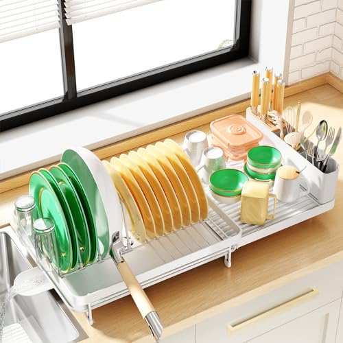 Dish Drying Rack, Auto-Drain Expandable(19.1"-26.9") Kitchen Counter Dish Drainers Rack, Stainless Steel Large Strainers Drying Rack with Drainboard Pan Holder Utensil Holder Caddy Organizer, White