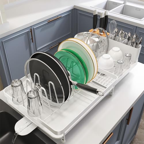 Dish Drying Rack, Auto-Drain Expandable(19.1"-26.9") Kitchen Counter Dish Drainers Rack, Stainless Steel Large Strainers Drying Rack with Drainboard Pan Holder Utensil Holder Caddy Organizer, White