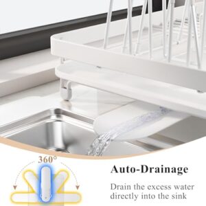 Dish Drying Rack, Auto-Drain Expandable(19.1"-26.9") Kitchen Counter Dish Drainers Rack, Stainless Steel Large Strainers Drying Rack with Drainboard Pan Holder Utensil Holder Caddy Organizer, White