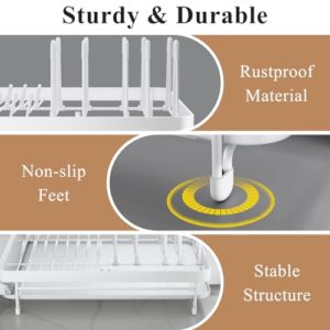 Dish Drying Rack, Auto-Drain Expandable(19.1"-26.9") Kitchen Counter Dish Drainers Rack, Stainless Steel Large Strainers Drying Rack with Drainboard Pan Holder Utensil Holder Caddy Organizer, White