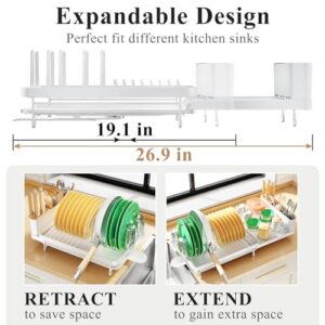 Dish Drying Rack, Auto-Drain Expandable(19.1"-26.9") Kitchen Counter Dish Drainers Rack, Stainless Steel Large Strainers Drying Rack with Drainboard Pan Holder Utensil Holder Caddy Organizer, White