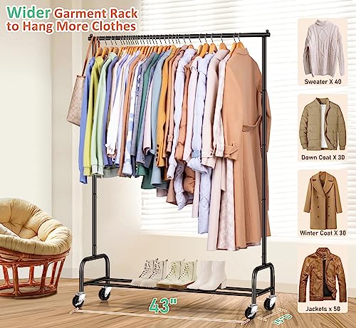 SLEEPING LAMB Heavy Duty Clothing Racks for Hanging Clothes Rack, 43" Wide Rolling Garment Rack Metal Clothing Hanger Rack with Wheels Wardrobe Rack for Coats, Shirts, Dress, (Black)