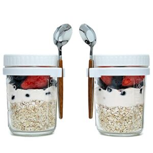 overnight oats containers with lids 2, 10oz wide mason jars with spoon - great for on-the-go cereal containers - very convenient for use on the go, sealed glass jars are ideal for home, office or on-the-go (white)