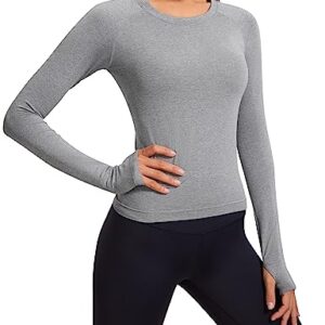 CRZ YOGA Womens Seamless Ribbed Workout Long Sleeve Shirts Quick Dry Gym Athletic Tops Breathable Running Shirt Slate Grey Marl Medium