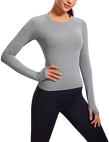 CRZ YOGA Womens Seamless Ribbed Workout Long Sleeve Shirts Quick Dry Gym Athletic Tops Breathable Running Shirt Slate Grey Marl Medium