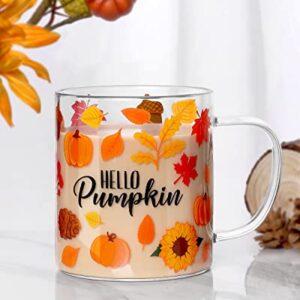 Nefelibata Fall Pumpkin Glass Mug 15 Oz Clear Cup With Handle, Large Espresso Iced Coffee Cup Hot Beverage Cappuccino Tea Drinking Glassware Autumn Decor for Coffee Bar Halloween Thanksgiving Gift