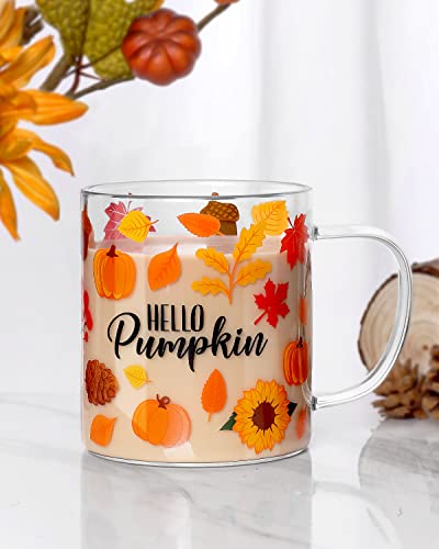 Nefelibata Fall Pumpkin Glass Mug 15 Oz Clear Cup With Handle, Large Espresso Iced Coffee Cup Hot Beverage Cappuccino Tea Drinking Glassware Autumn Decor for Coffee Bar Halloween Thanksgiving Gift