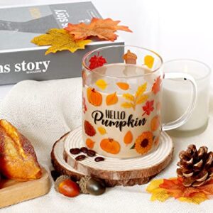 Nefelibata Fall Pumpkin Glass Mug 15 Oz Clear Cup With Handle, Large Espresso Iced Coffee Cup Hot Beverage Cappuccino Tea Drinking Glassware Autumn Decor for Coffee Bar Halloween Thanksgiving Gift